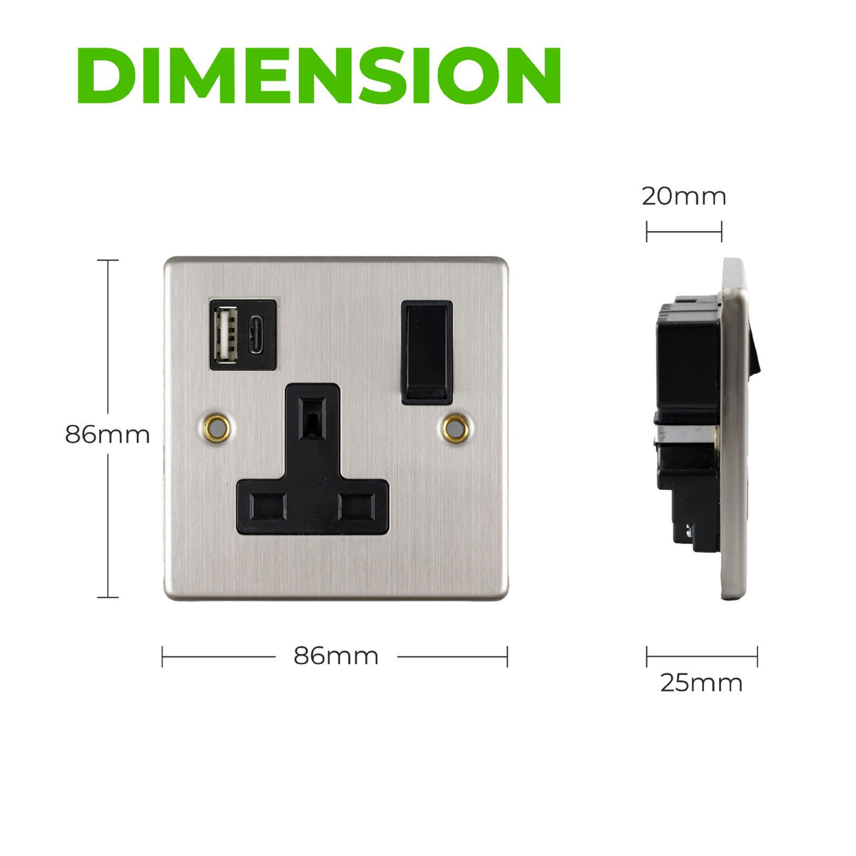 Stainless Steel - 13A 1Gang Switched USB A+C Socket (20W PD3.0) – Surya ...