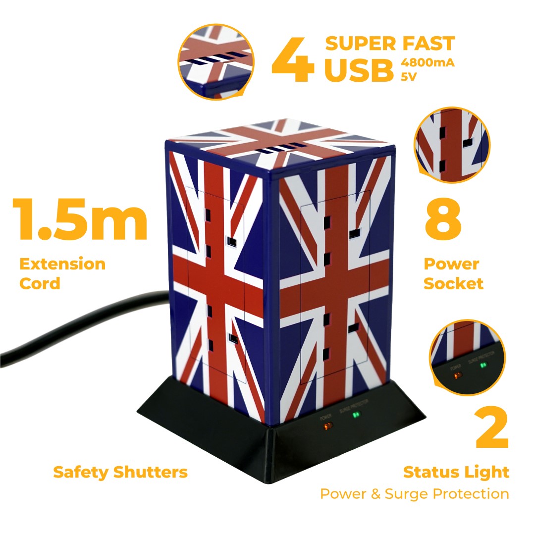 8 Way Tower Socket with Surge and USB (4800mA) - Union Jack – Surya ...