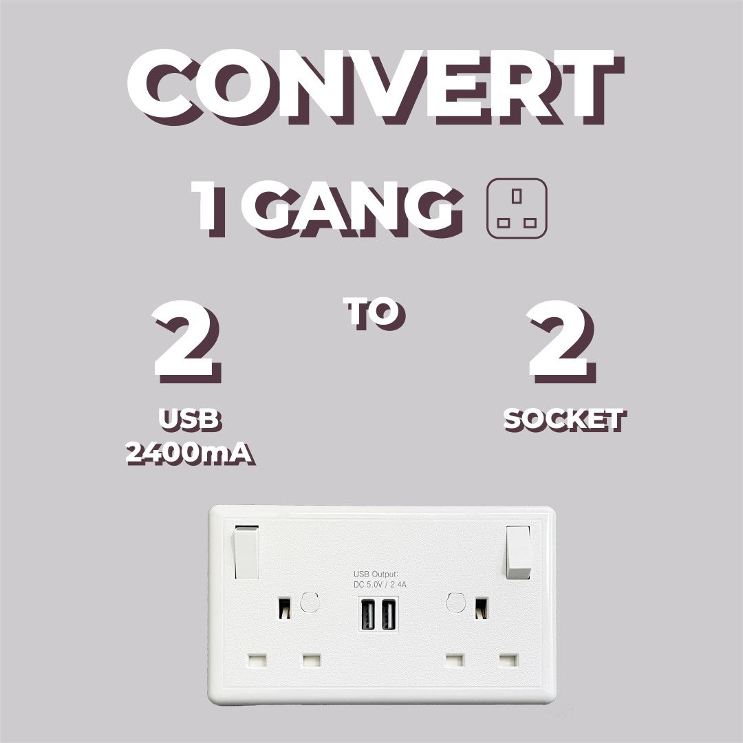Convertor Socket 1G To 2-Gang 13A with USB (2400mA) – Surya Tech Limited